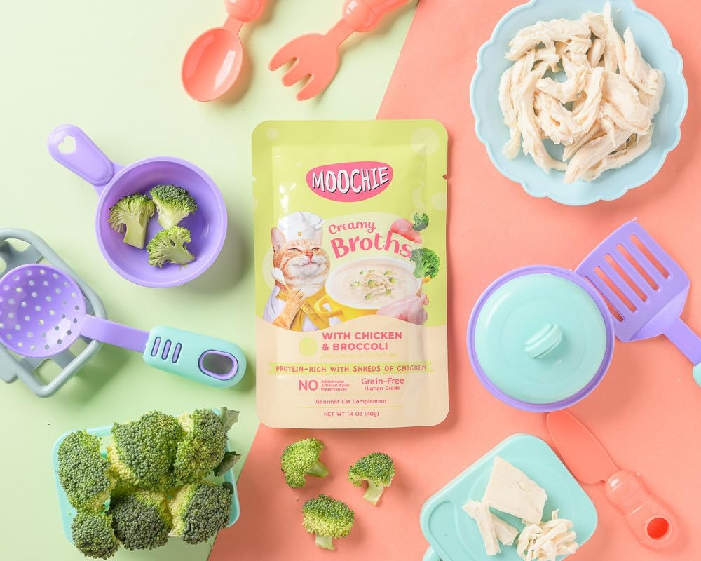 MOOCHIE CAT CREAMY BROTHS/SOUP WITH CHICKEN & BROCOLI 40GR – Gatuario